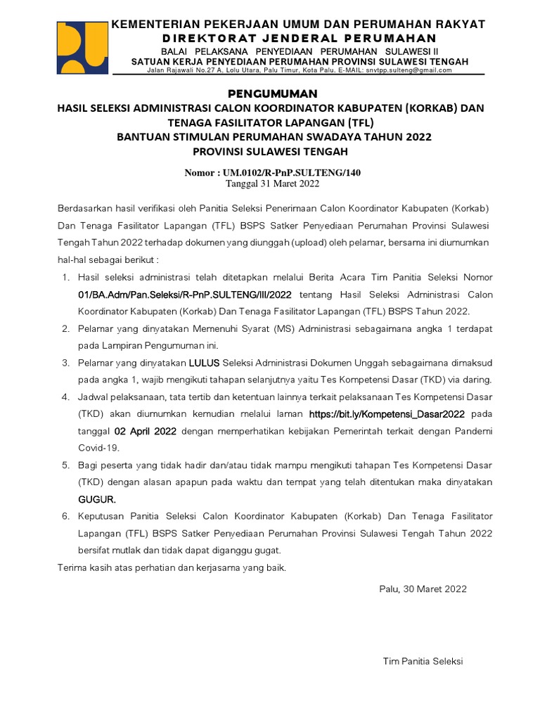 Pengumuman Hasil Administrasi Calon Fasilitator Bsps 2022 Sulteng | PDF