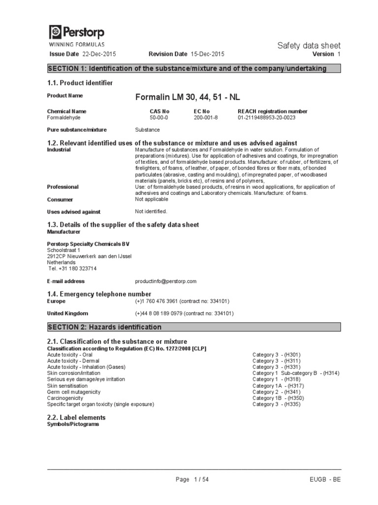 MSDS Formalin | PDF | Formaldehyde | Toxicity