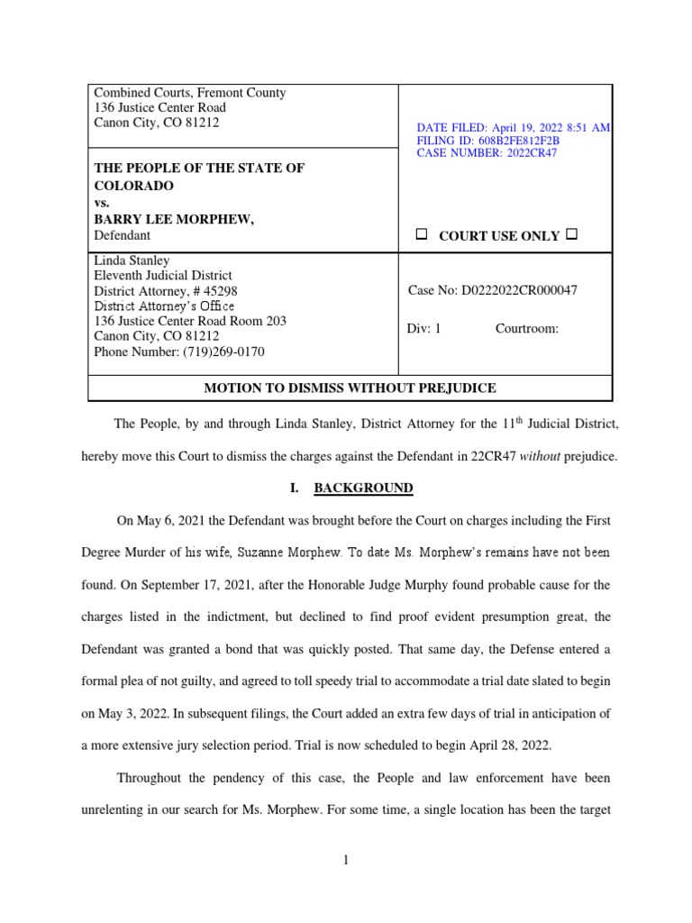 Barry Morphew Case: Motion To Dismiss Without Prejudice | PDF ...