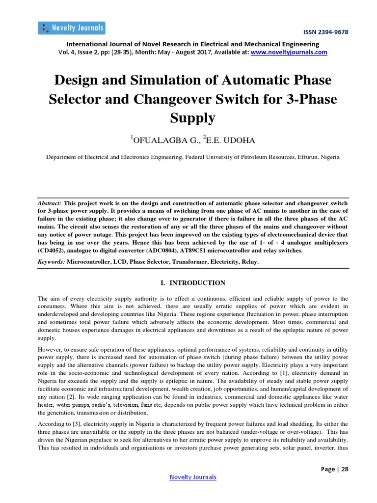 Design and Simulation of Automatic Phase Selector and Changeover Switch ...