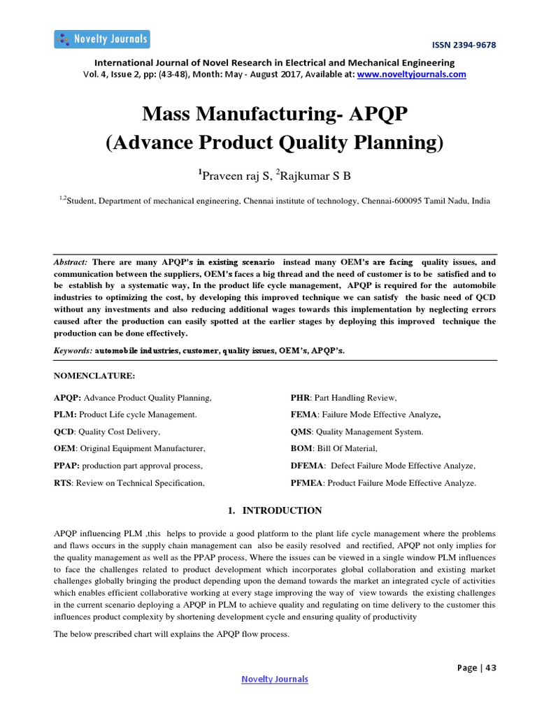 Mass Manufacturing - APQP (Advance Product Quality Planning) | PDF ...