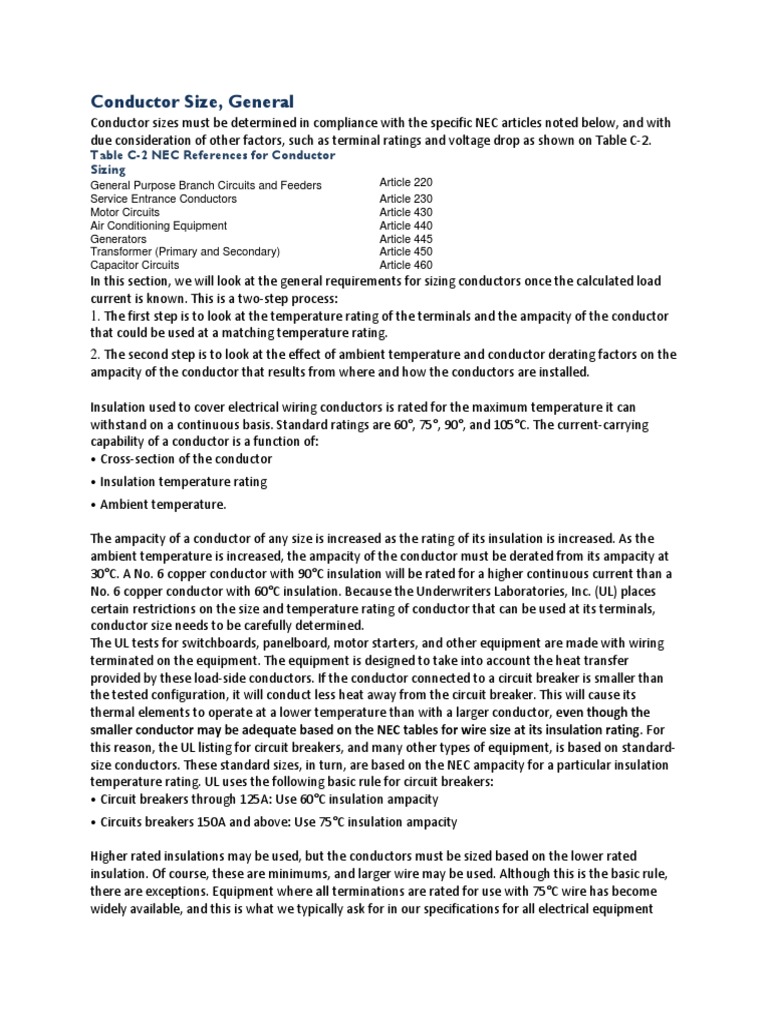 Conductor Size, General: Table C-2 NEC References For Conductor Sizing ...