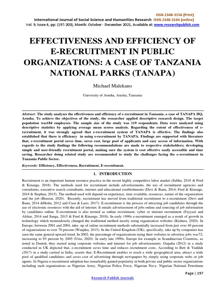 Effectiveness and Efficiency of E-Recruitment in Public Organizations: A Case of Tanzania ...