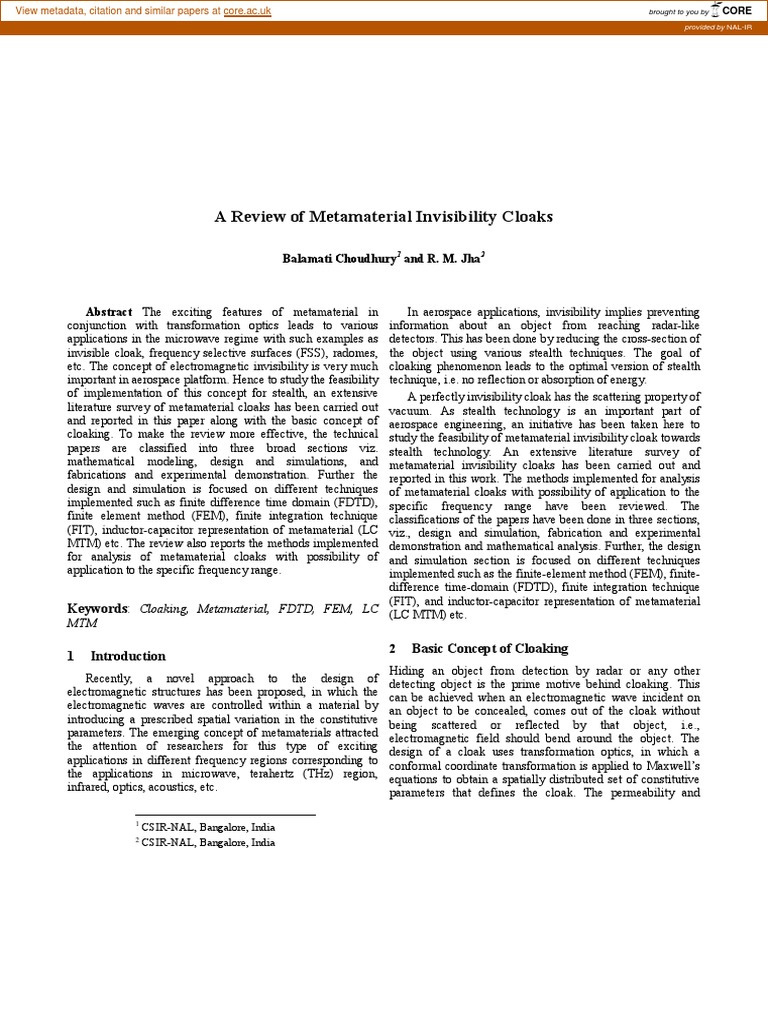 Review of metamaterial invisibility cloaks for stealth applications ...