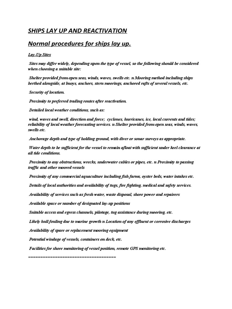 Ships Lay Up and Reactivation Normal Procedures For Ships Lay Up | PDF ...