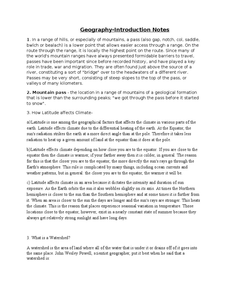 Geography-Introduction Notes: 1. in A Range of Hills, or Especially of ...
