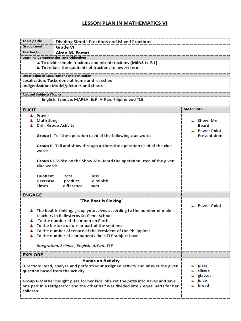 Lesson Plan On Dividing Fractions Grade 6 | PDF | Lesson Plan | Cognition