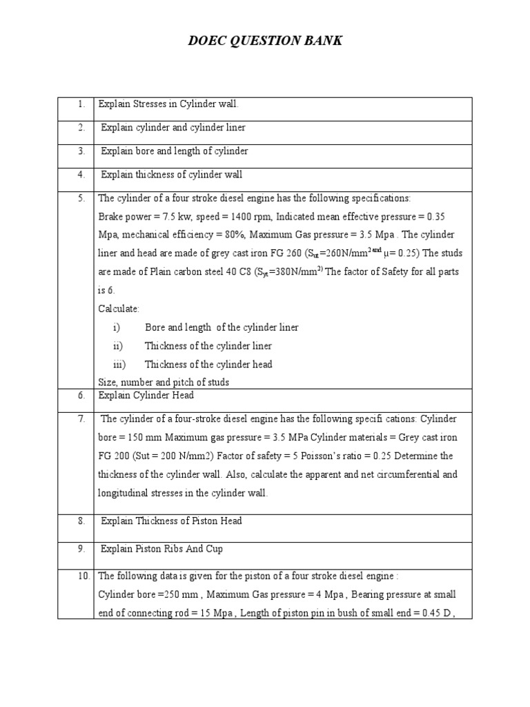 Doec Question Bank: Ut 2 and Yt 2) | PDF | Piston | Strength Of Materials