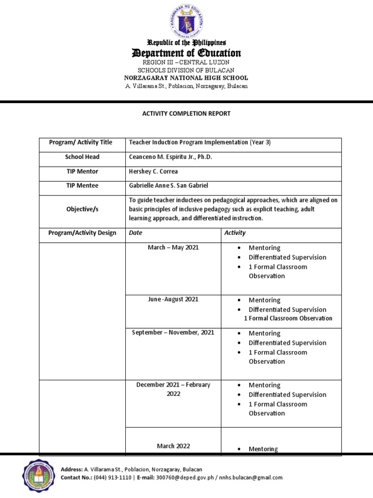 Department of Education: Activity Completion Report | PDF | Mentorship | Teachers