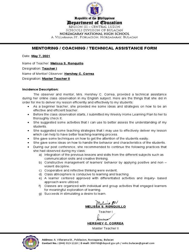 Department of Education: Mentoring / Coaching / Technical Assistance ...