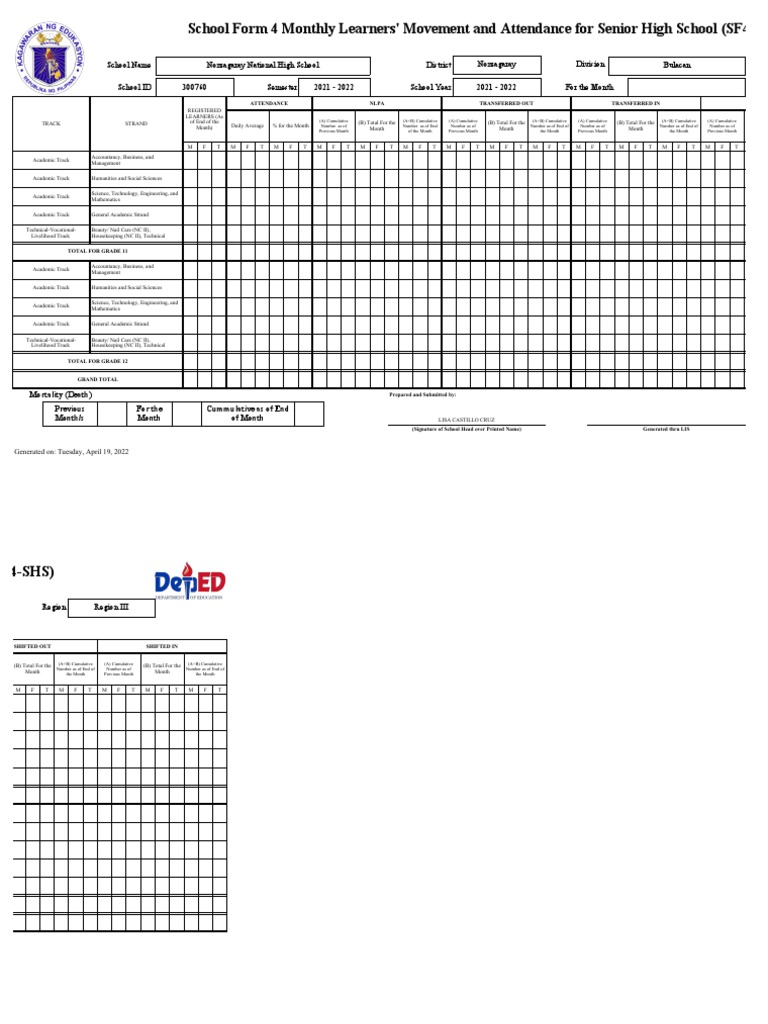 School Form 4 Monthly Learners' Movement and Attendance For Senior High ...
