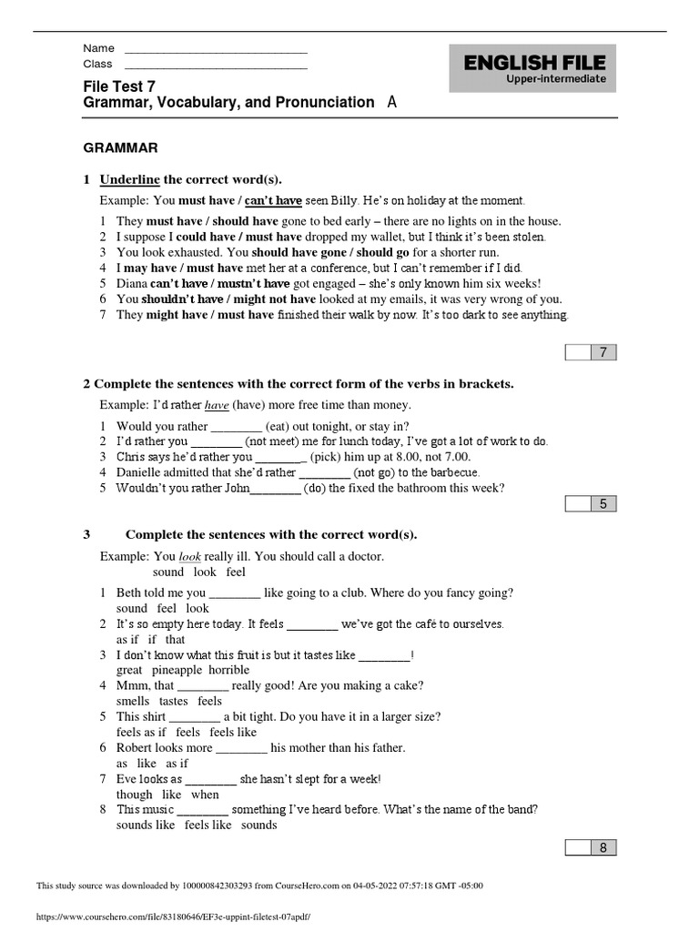 File Test 7 Grammar, Vocabulary, and Pronunciation A: Grammar 1 ...
