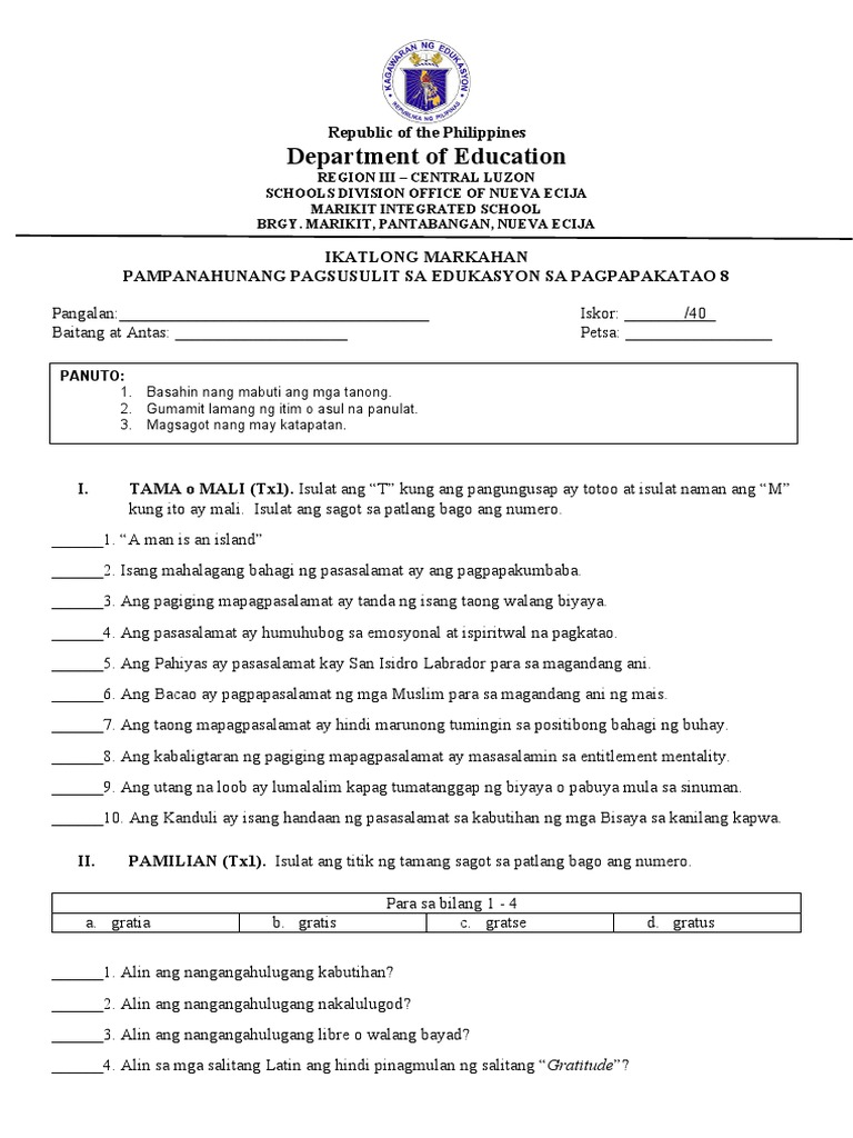 Esp 8 - Q3 - Quarterly Examinations | PDF