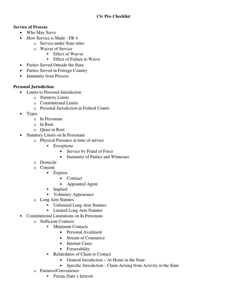 Prof Clark 2014 - Civ Pro I Checklist | PDF | Personal Jurisdiction ...