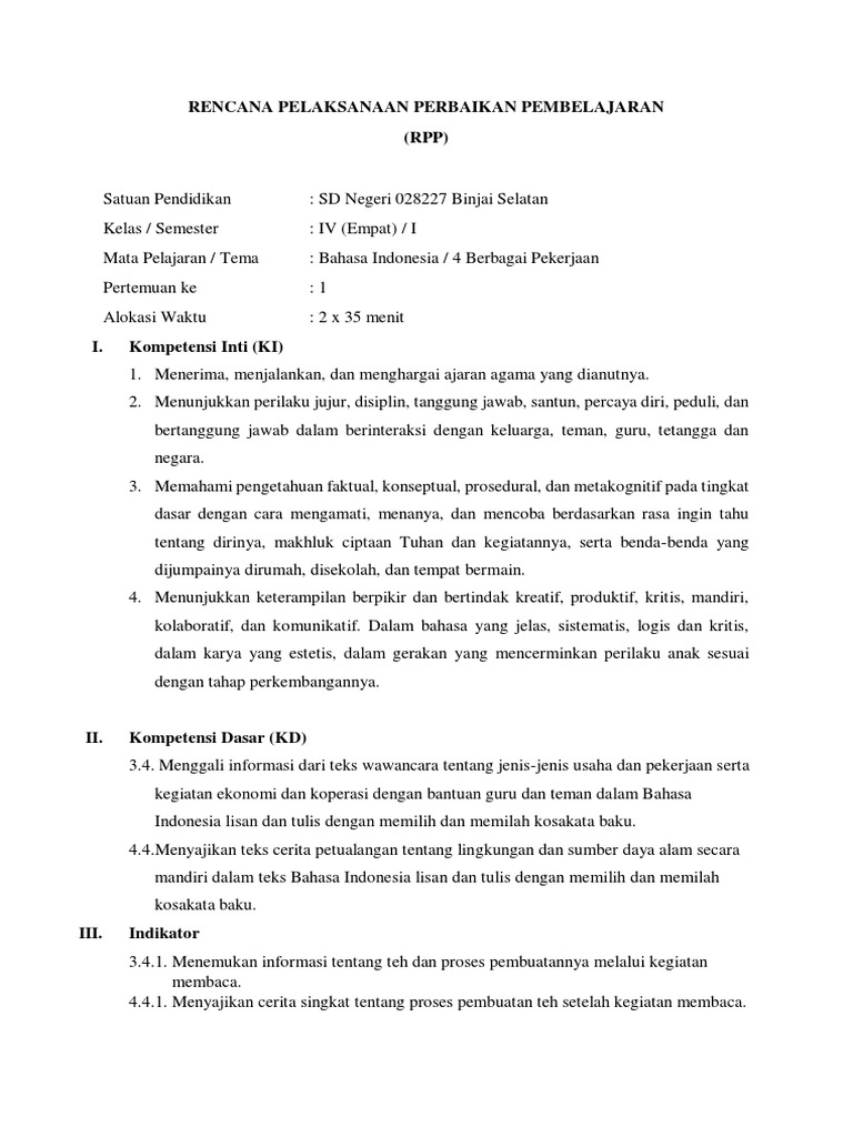 Rencana Pelaksanaan Perbaikan Pembelajaran Siklus 1 | PDF