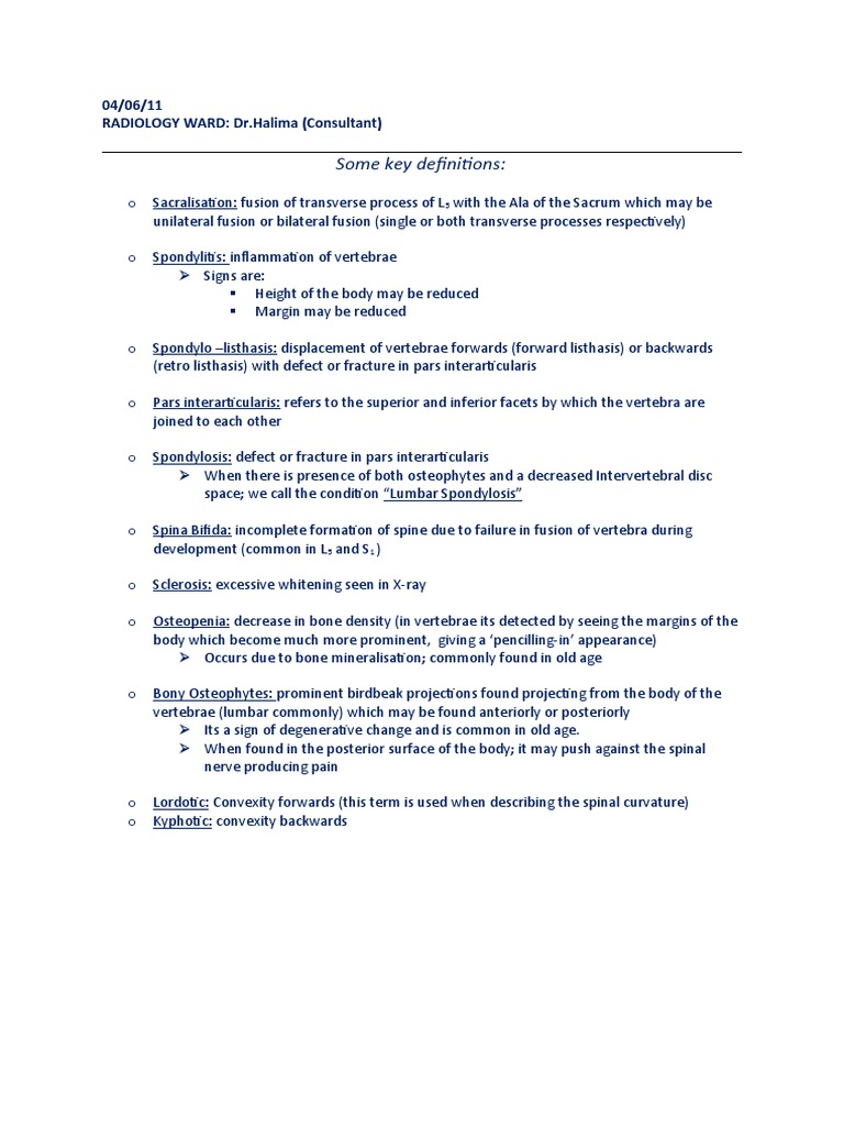 Radiology and Imaging (04/06/11) | PDF | Vertebral Column | Vertebra
