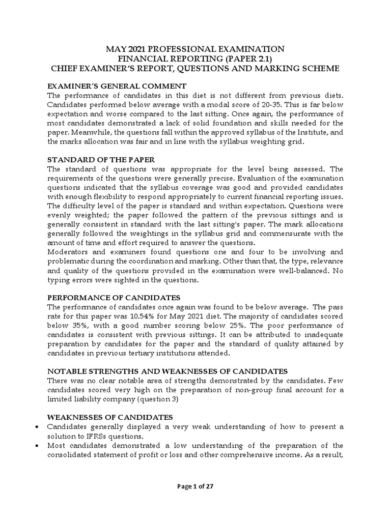 May 2021 Professional Examination Financial Reporting (Paper 2.1) Chief ...