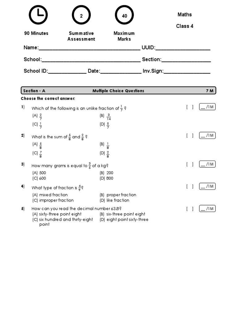 Maths Class 4: Section - A Multiple Choice Questions 7 M Choose The ...