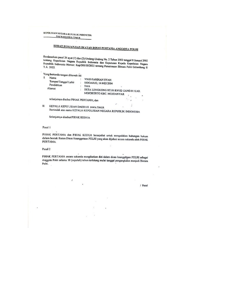 Surat Perjanjian Ikatan Dinas Pertama Anggota Polri Pdf