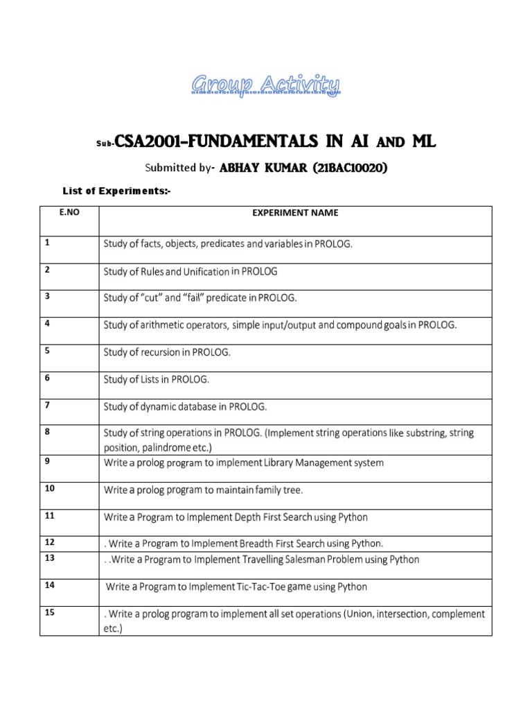 Csa2001-Fundamentals in Ai and ML: Submitted by | PDF | String (Computer Science) | Pointer ...