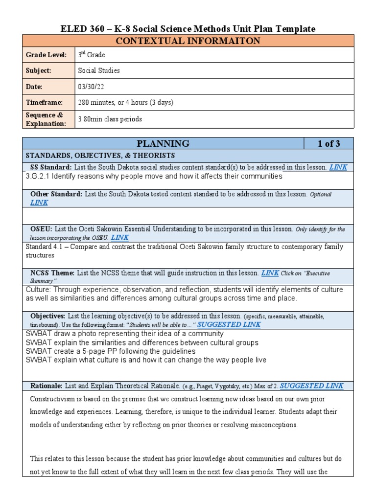 K-8 Social Science Unit Plan Template | PDF | Learning | Teachers