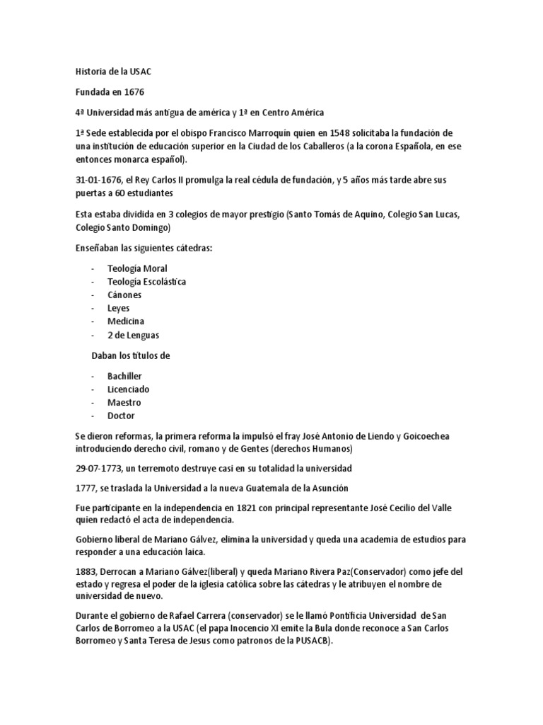 Historia de la USAC: Fundación y Evolución | PDF | Universidad