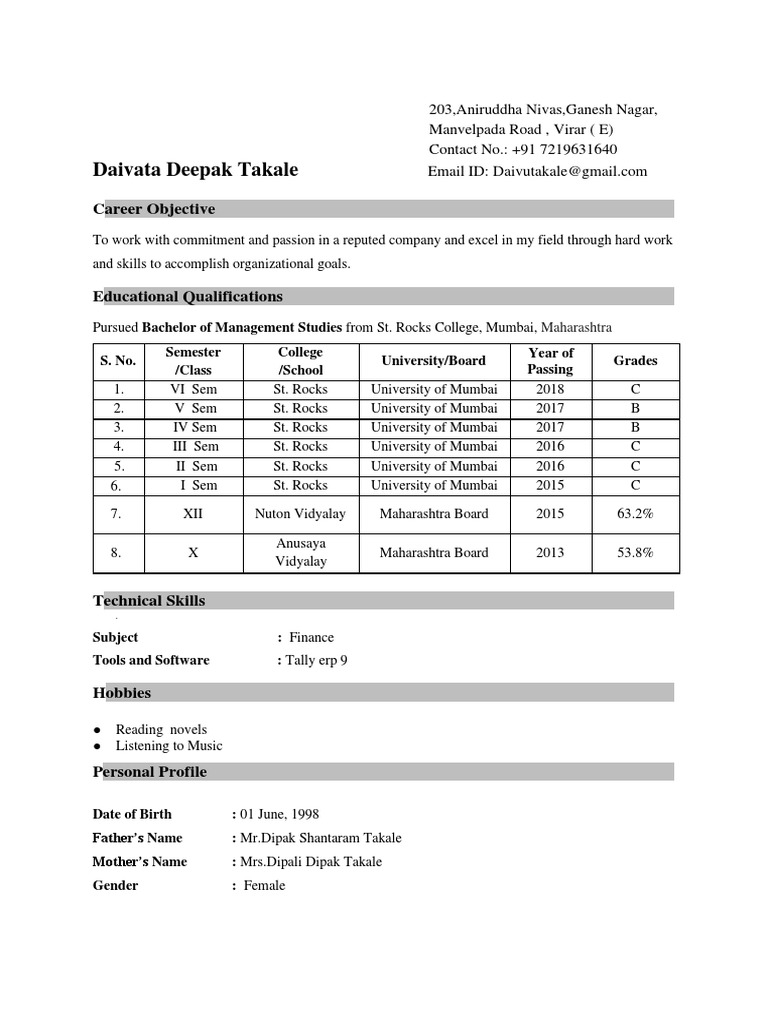 Daivata Deepak Takale CV (1) - Converted-Converted-1 | PDF | Cognition