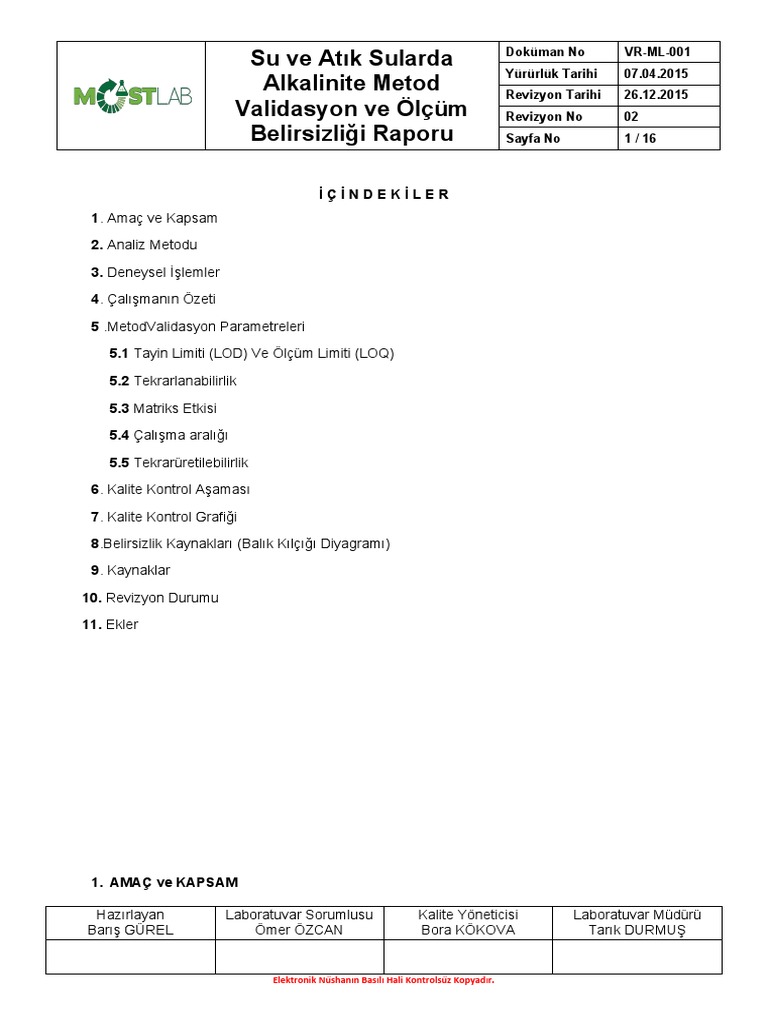 VR-ML-001-Su Ve Atık Sularda Alkalinite Tayini Validasyon Raporu - Rev2 | PDF