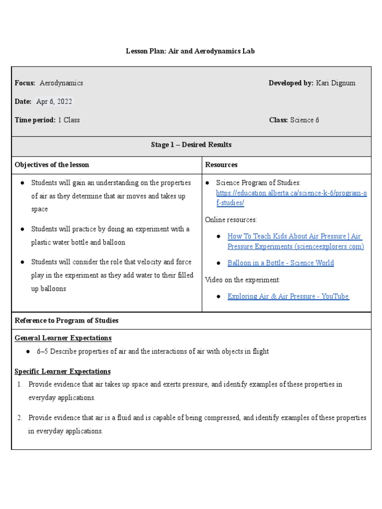 Lesson Plan - Air Experiment | PDF