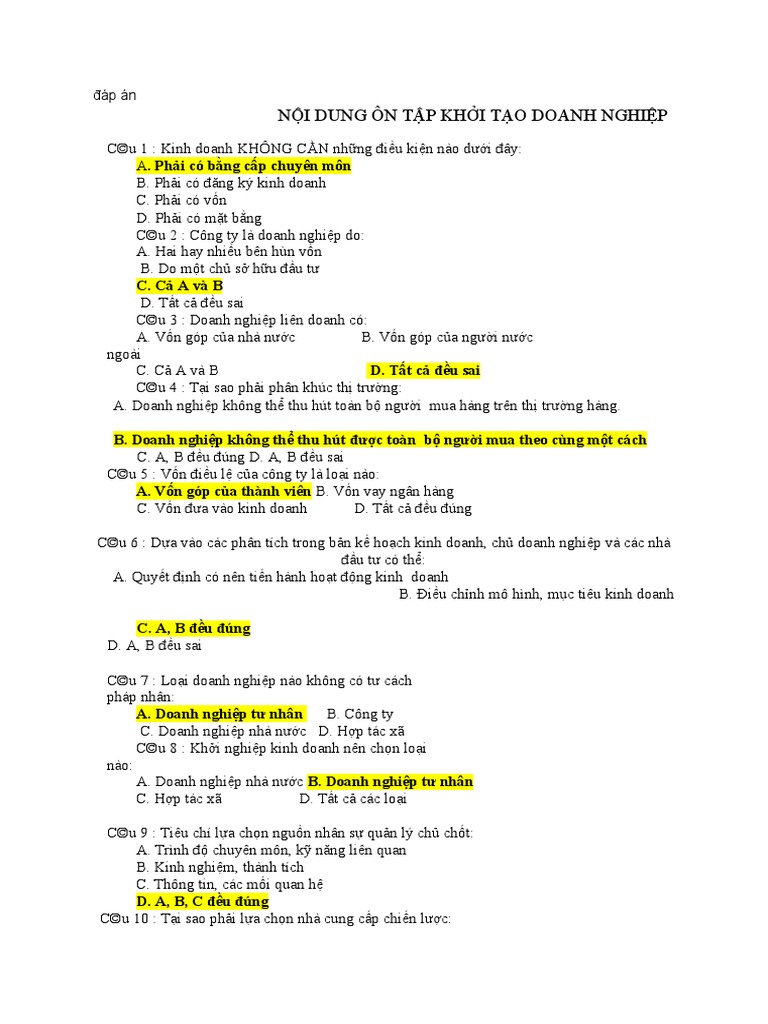 Đáp Án KNKD 1 | PDF