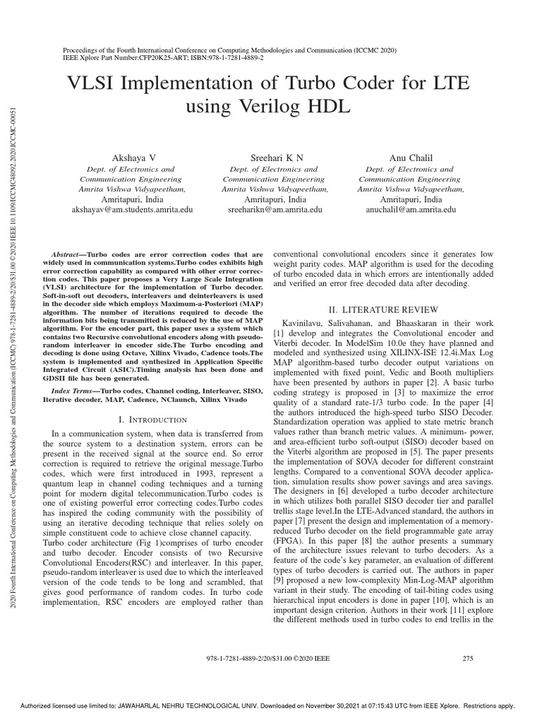 VLSI Implementation of Turbo Coder For LTE Using Verilog HDL | PDF | Theoretical Computer ...