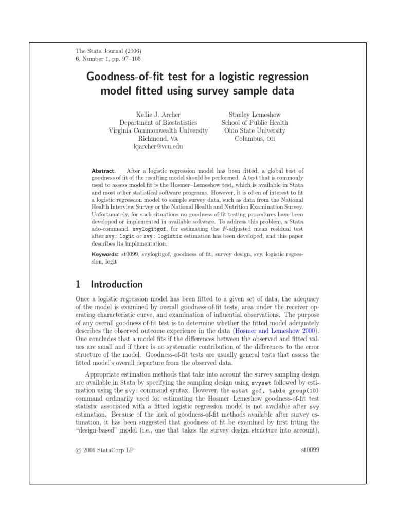 Goodness-Of-Fit Test For A Logistic Regression Model Fitted Using ...