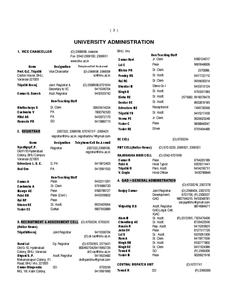 BHU Administration Contact Directory | PDF