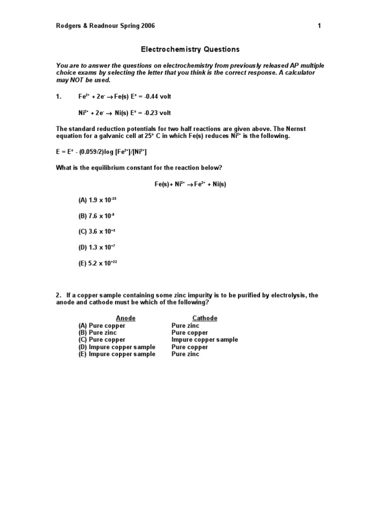 Electrochemistry Questions | PDF