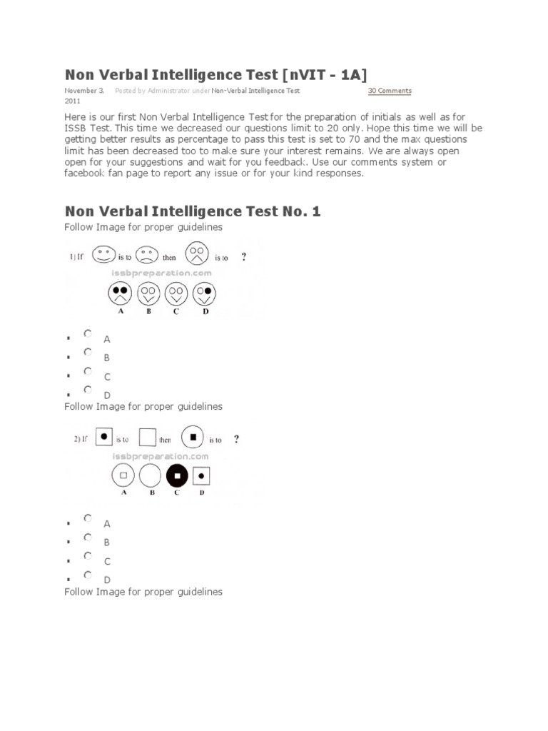 Non Verbal Intelligence Test (NVIT - 1A) - 1 | PDF
