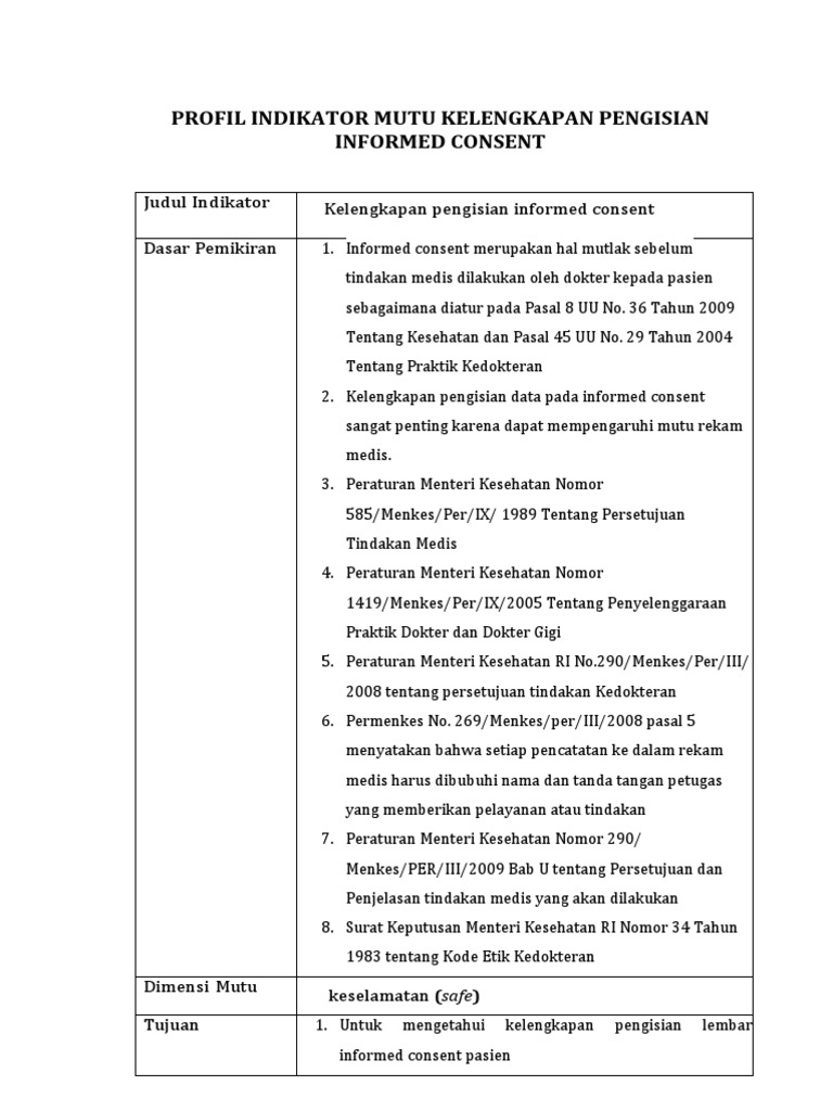 Profil Indikator Mutu Kelengkapan Pengisian Informed Consent | PDF