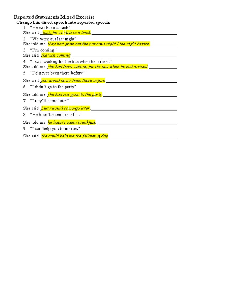 Reported Statements Mixed Exercise: Change This Direct Speech Into Reported Speech | PDF | Cuisine