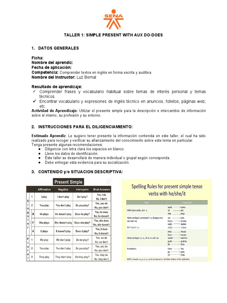 Taller 1 Presente Simple Aux Do-Does | PDF