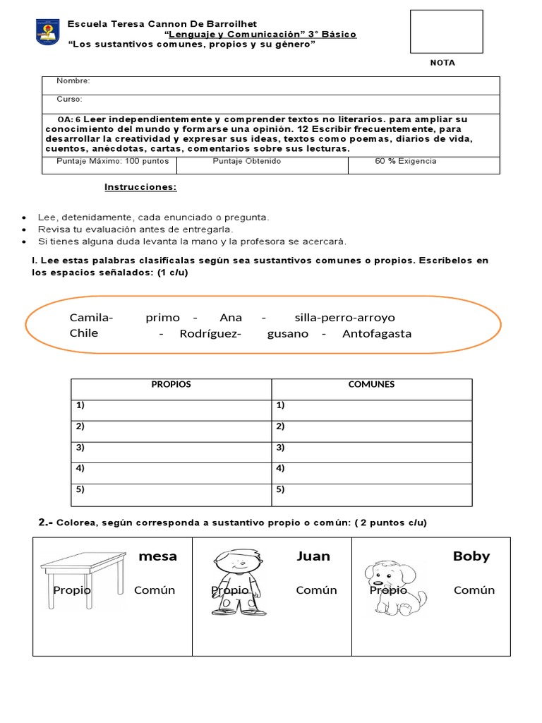 Prueba Sustantivos Comunes y Propios. | PDF