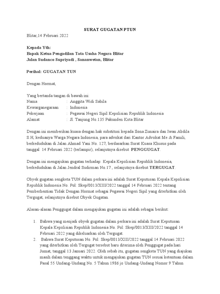 Contoh Surat Gugatan PTUN | PDF