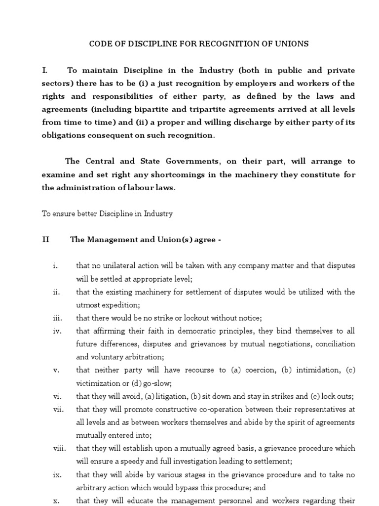 Code of Discipline For Recognition of Unions | PDF | Trade Union ...