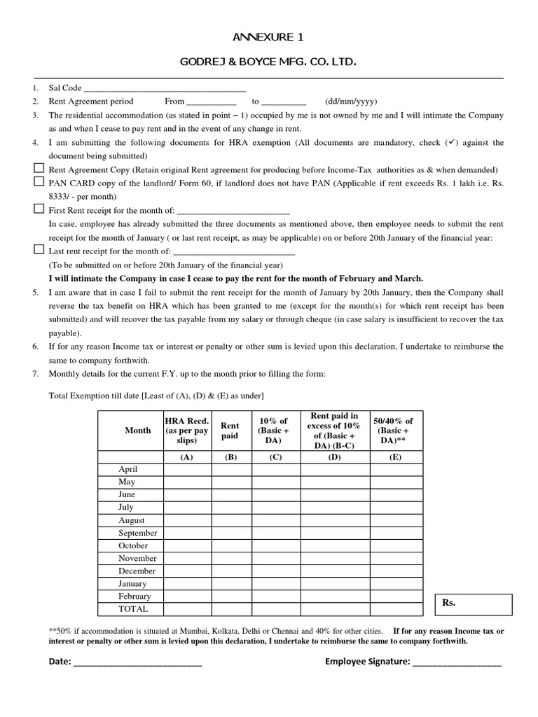 Housing Rent Allowance Declaration and Document Submission Form | PDF ...