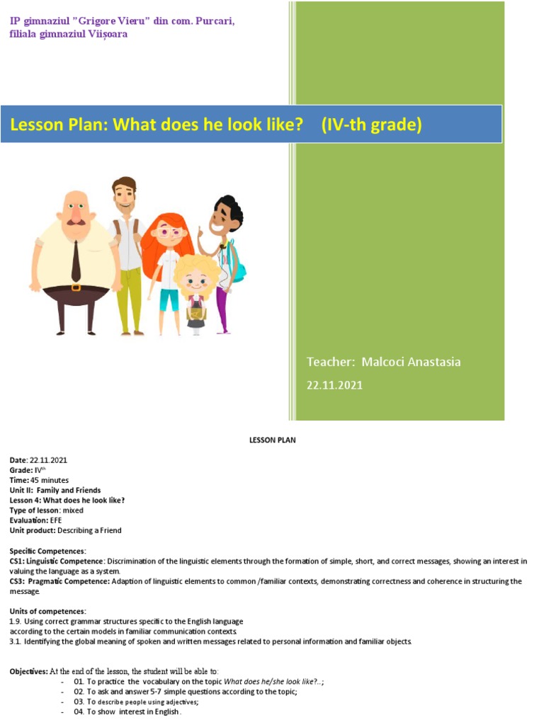 Lesson Plan: What Does He Look Like? (IV-th Grade) | PDF | Lesson Plan ...