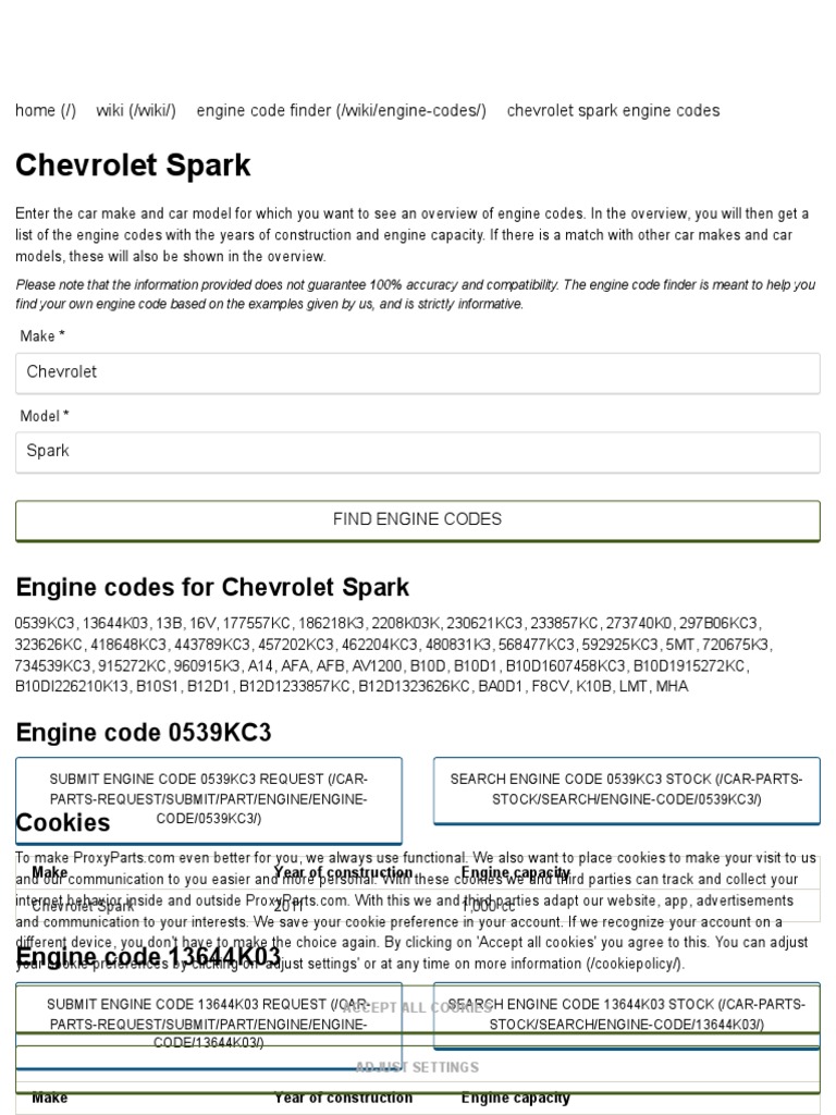 Chevrolet Spark Engine Codes | PDF | Http Cookie | Internet Privacy