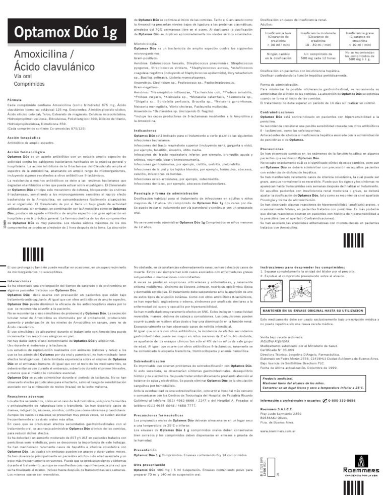 Optamox Dúo 1g: Amoxicilina / Ácido Clavulánico | PDF | Penicilina ...