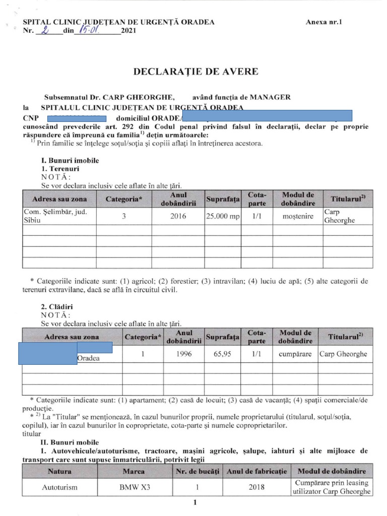 Declaratie de Avere Dr. Carp Gheorghe | PDF
