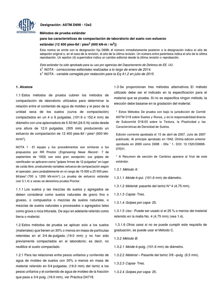 ASTM D698 - 12 (E2) | Descargar gratis PDF | Agua | Densidad