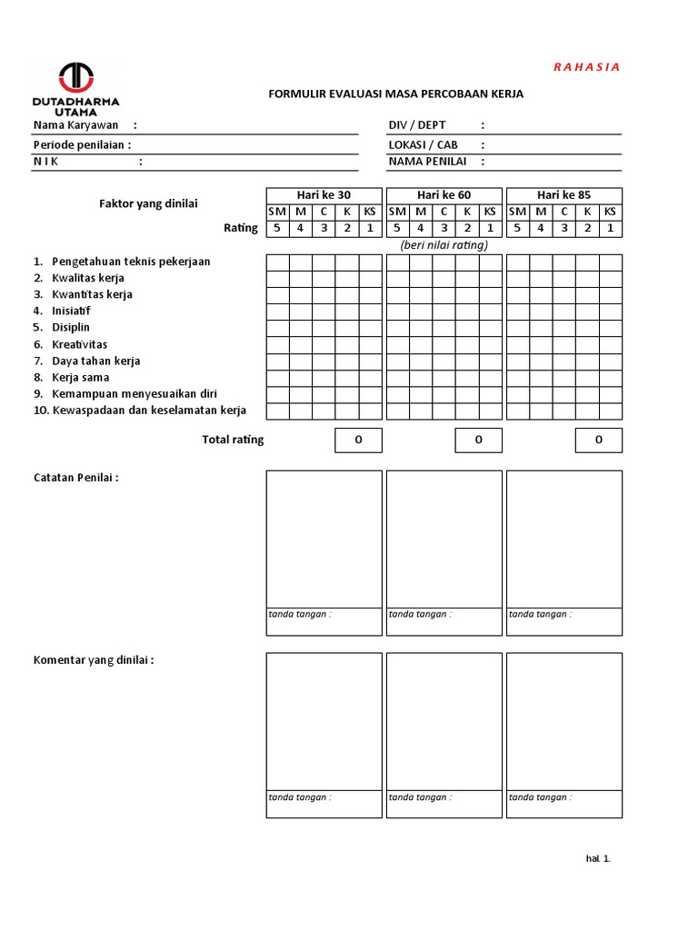 Form Penialaian Kerja (Masa Probation) | PDF