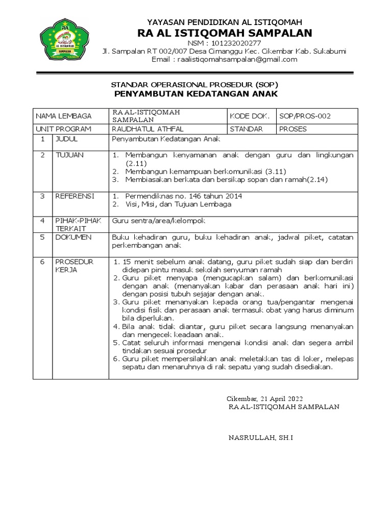 Sop Penyambutan Kedatangan Anak | PDF