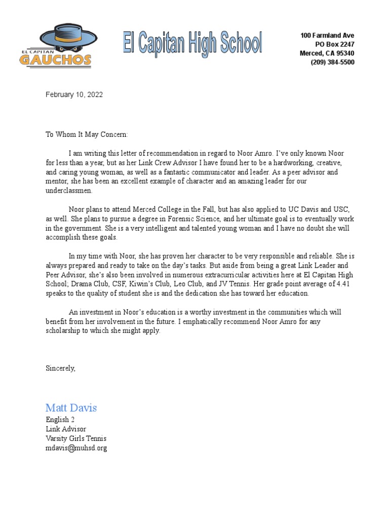 Letter of Rec Noor Amro | PDF